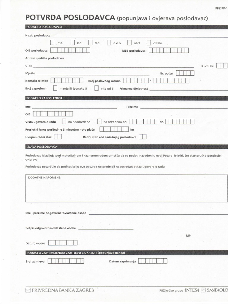 Potvrda Poslodavca PBZ | PDF