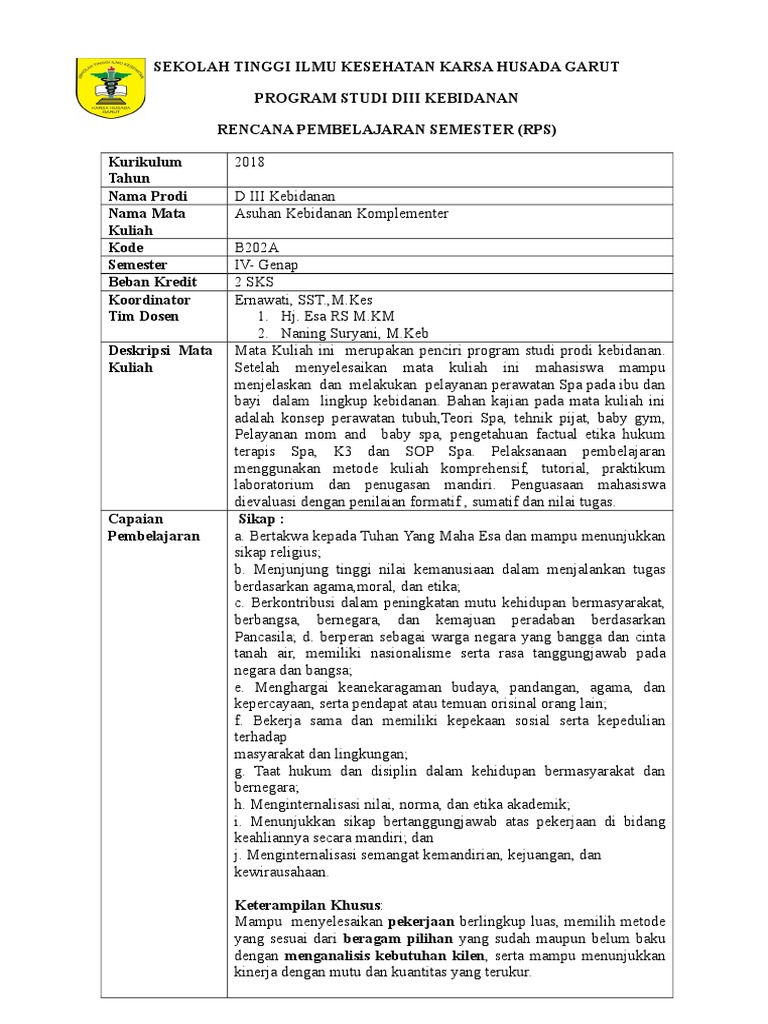 RPS Komplementer Kebidanan Ii (Mom and Babyspa) 19-20 Genap | PDF | Kesehatan Holistik