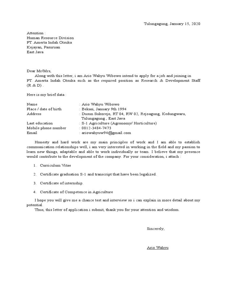 Cv. Ario Wahyu To PT Amerta Indah Otsuka | PDF | Career & Growth | Wellness