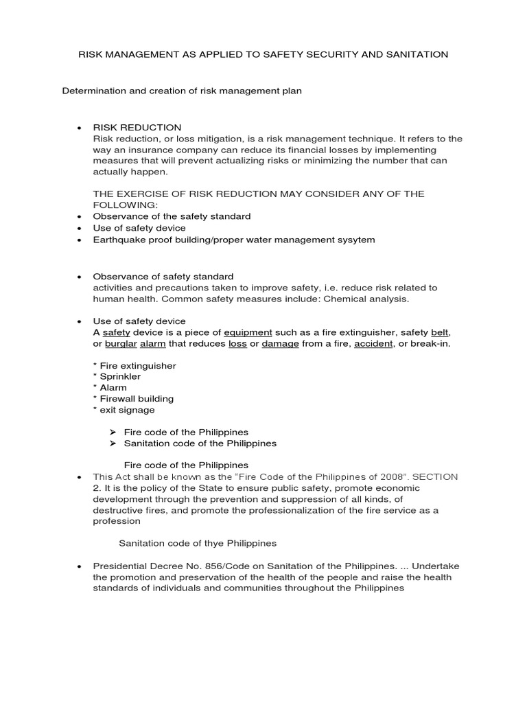 Risk Management As Applied To Safety Security and Sanitation | PDF