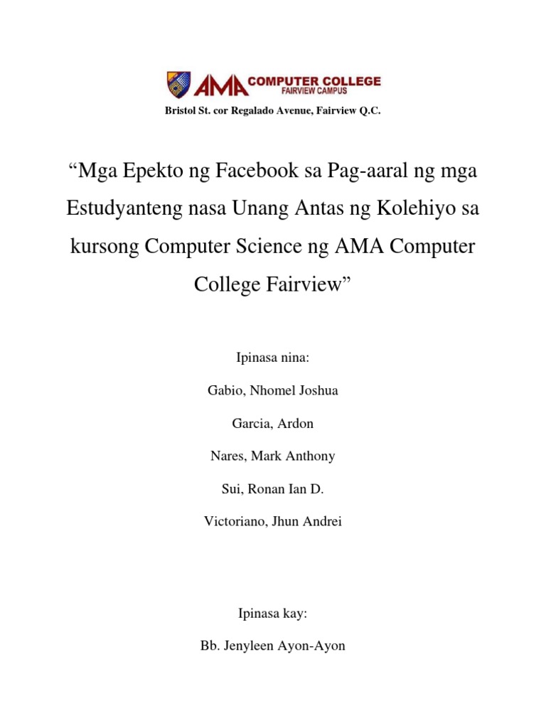 Mga Epekto NG Facebook Sa Pag-Aaral NG Mga Estudyanteng Nasa Unang ...