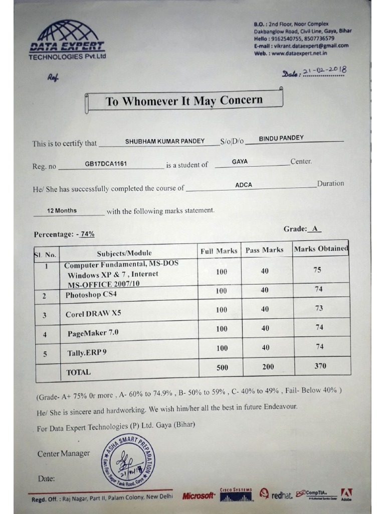 ADCA (Marksheet and Certificate) | PDF