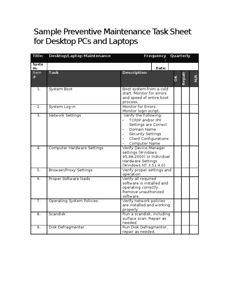 Sample Preventive Maintenance Task Sheet | PDF