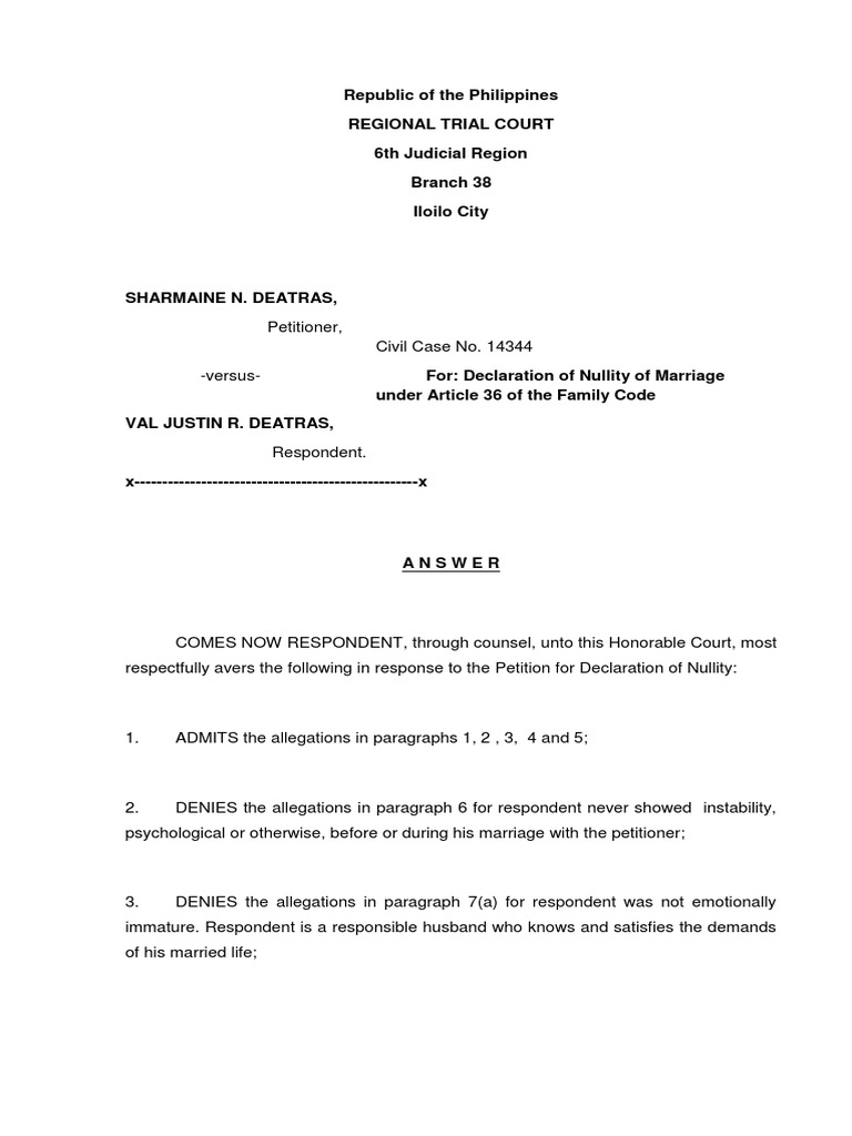 Answer To The Petition For Declaration of Nullity of Marriage | PDF