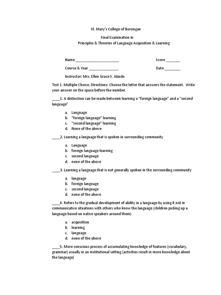 Language Acquisition Exam Questions | PDF | Language Arts & Discipline ...
