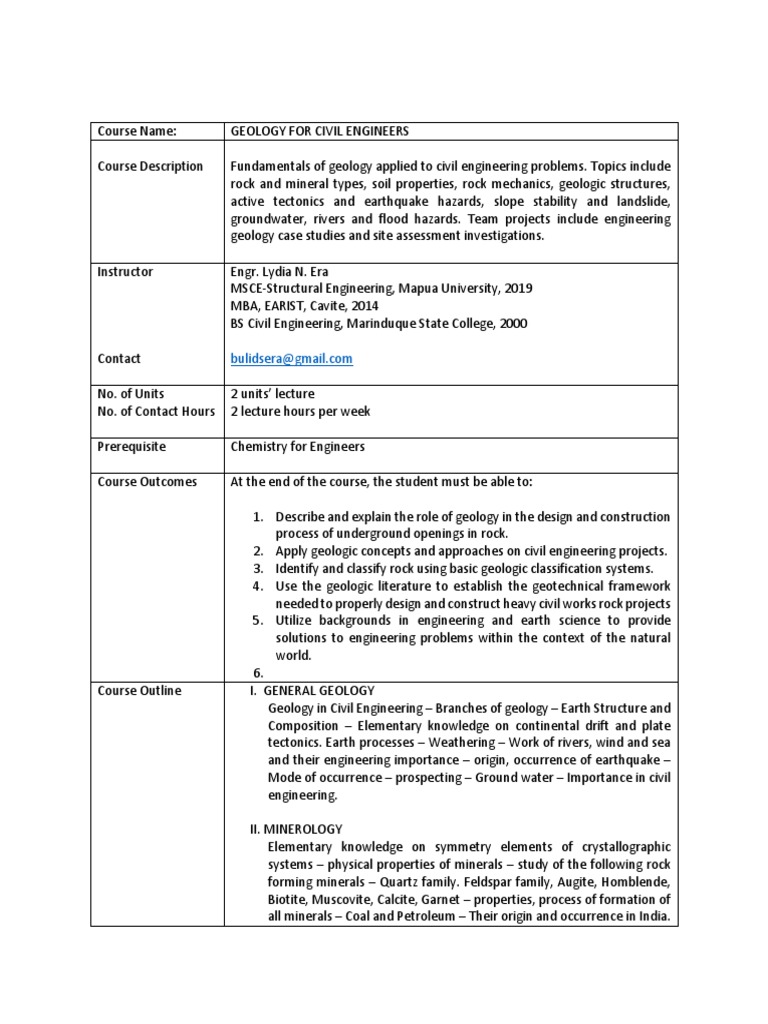 Geology for Civil Engineers Course Outline | PDF | Social Science ...