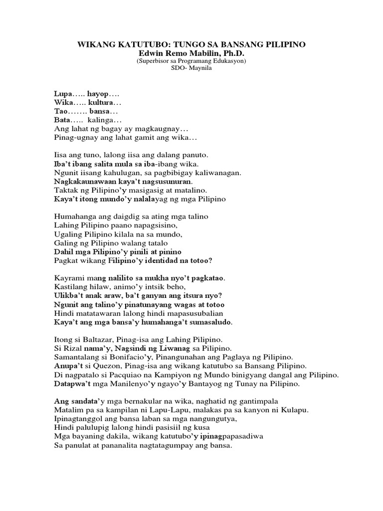 Wikang Katutubo Tungo Sa Bansang Pilipino. Pyesa Sa Sabayang Bigkas ...