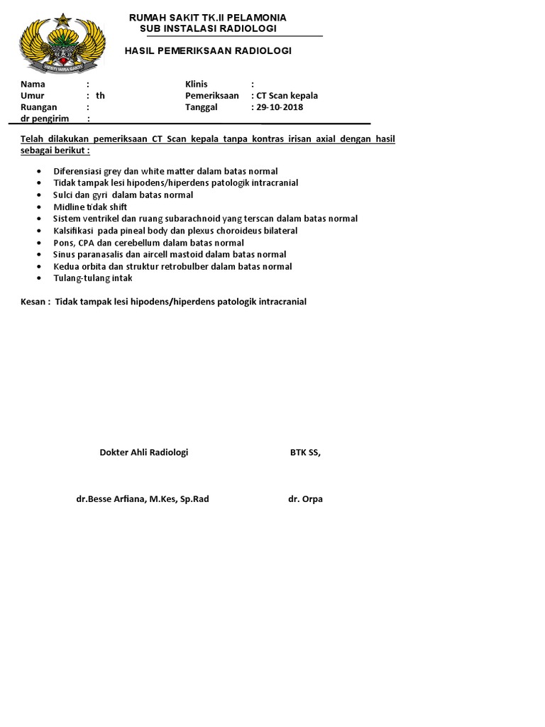 CT Scan Kepala Tanpa Kontras Irisan Axial Normal | PDF