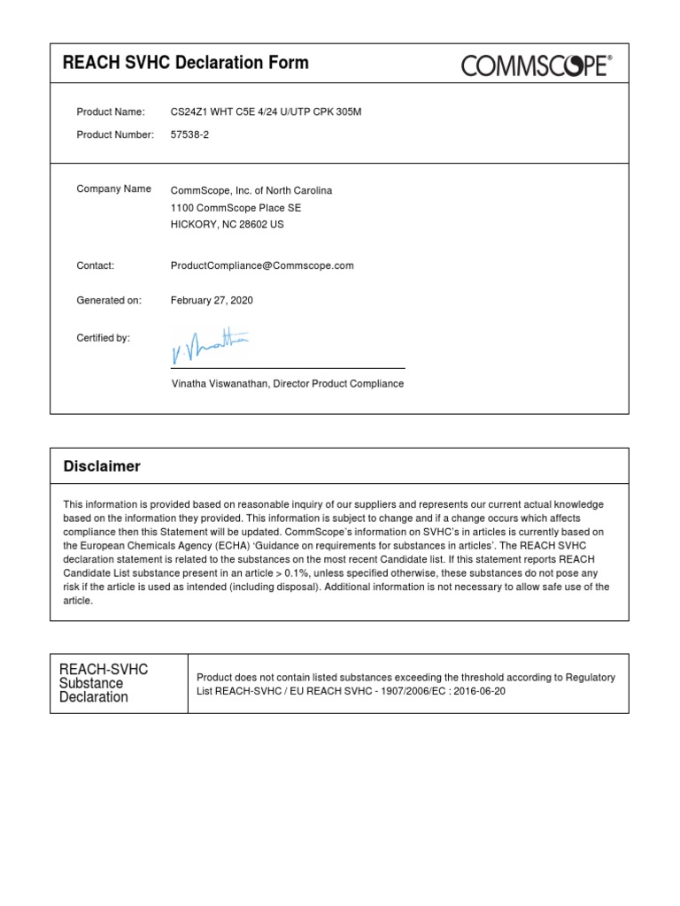 REACH SVHC Declaration Form | PDF