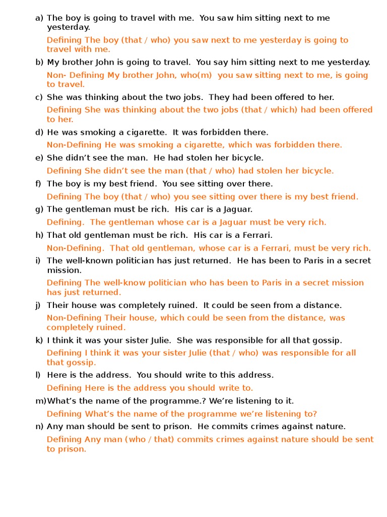 Defining Non Defining Relative Clauses Contact Clauses | PDF