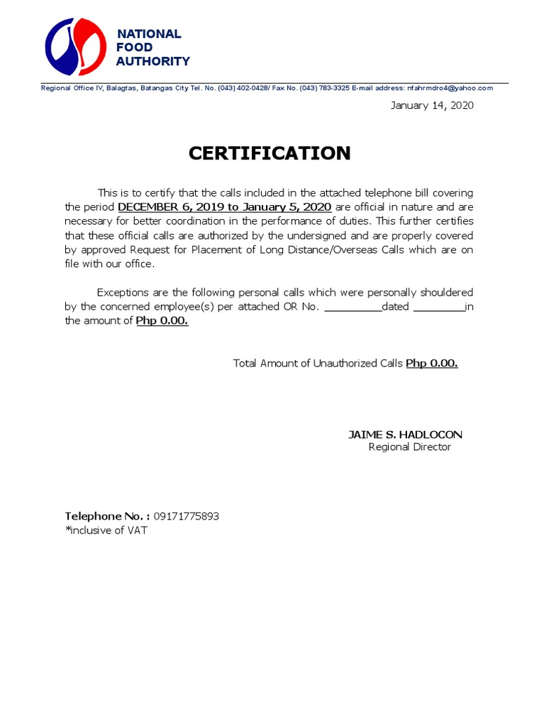 Official Certification of Telephone Bill | PDF
