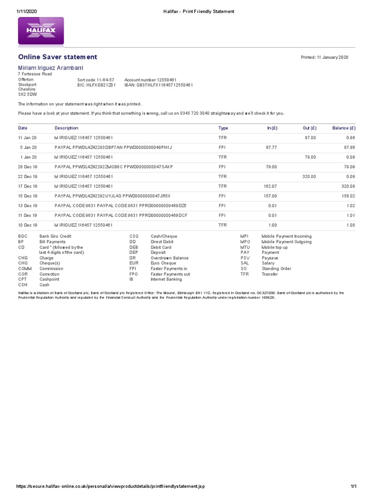 Halifax Print Friendly Statement PDF | PDF