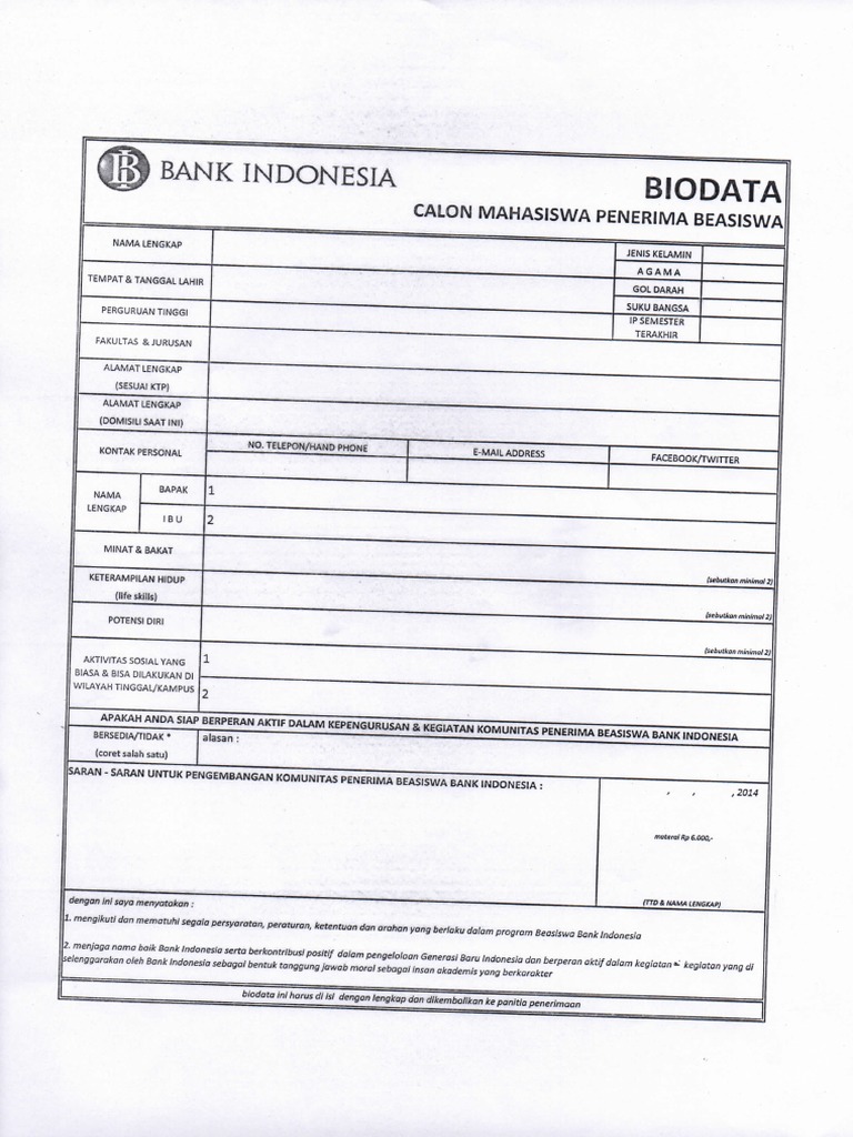 Form Biodata Calon Mahasiswa Penerima Beasiswa Bank Indonesia PDF | PDF