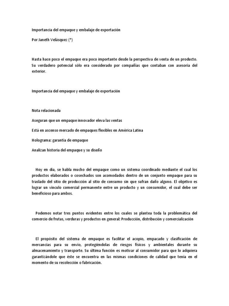 Importancia Del Empaque Y Embalaje De Exportación Pdf