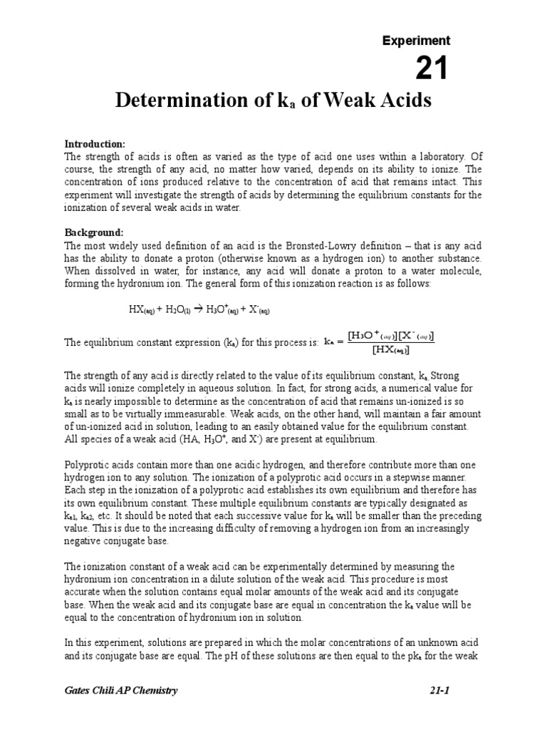 Ap Lab Manual 21 - Determination of Ka of Weak Acids | PDF