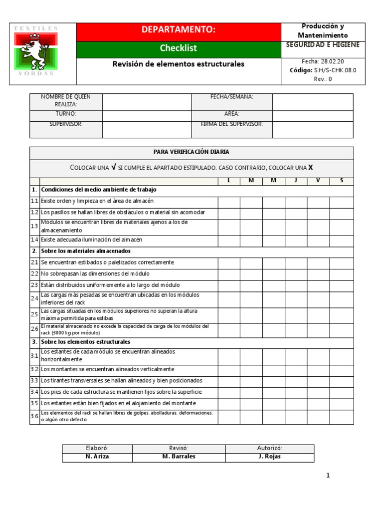 Checklist Revisión de elementos estructurales/Estanteria