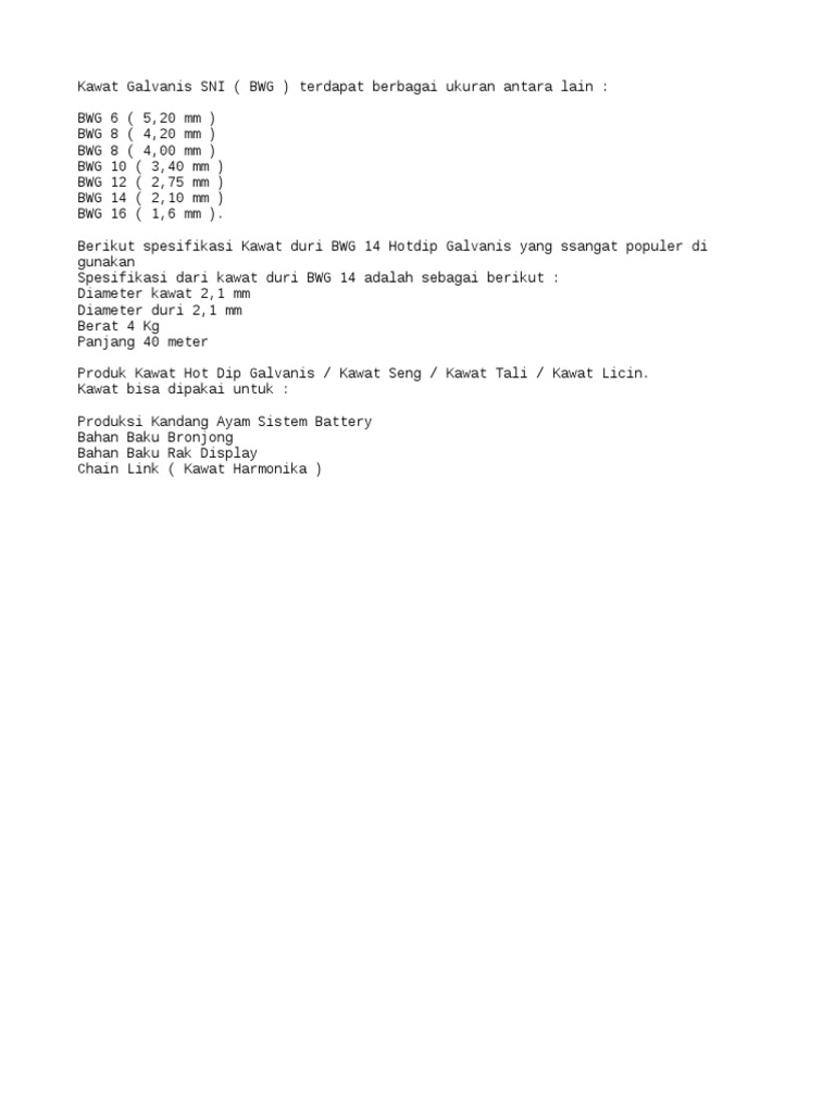 Spesifikasi Ukuran Kawat BWG | PDF