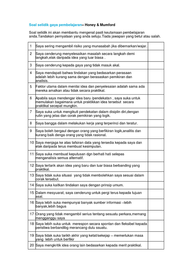 Honey Mumford Questionnaire | PDF