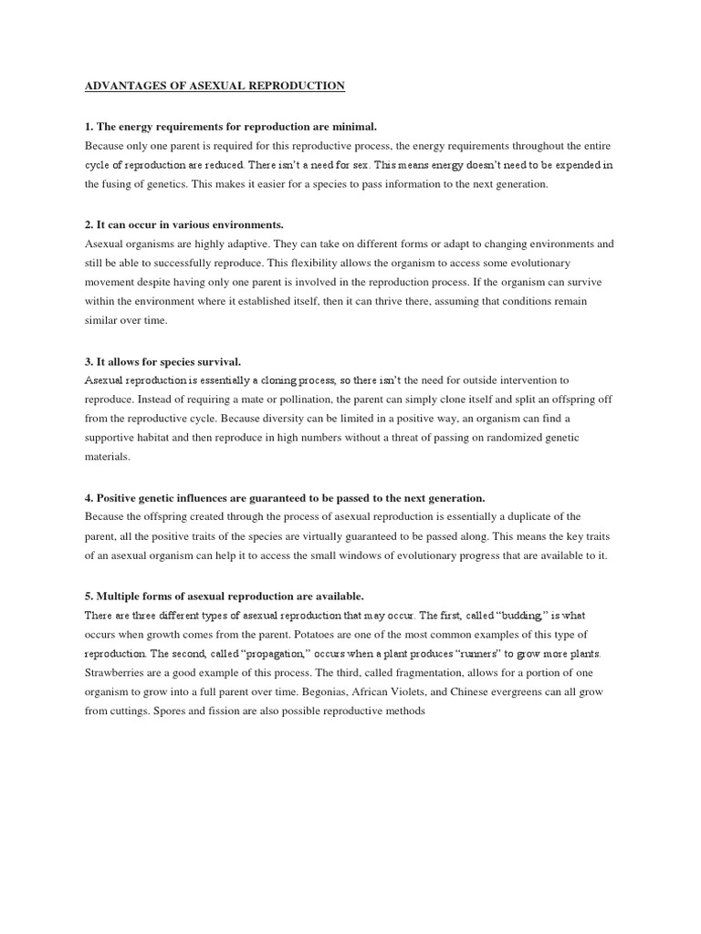 Advantages of Asexual Reproduction | PDF | Reproduction | Evolution