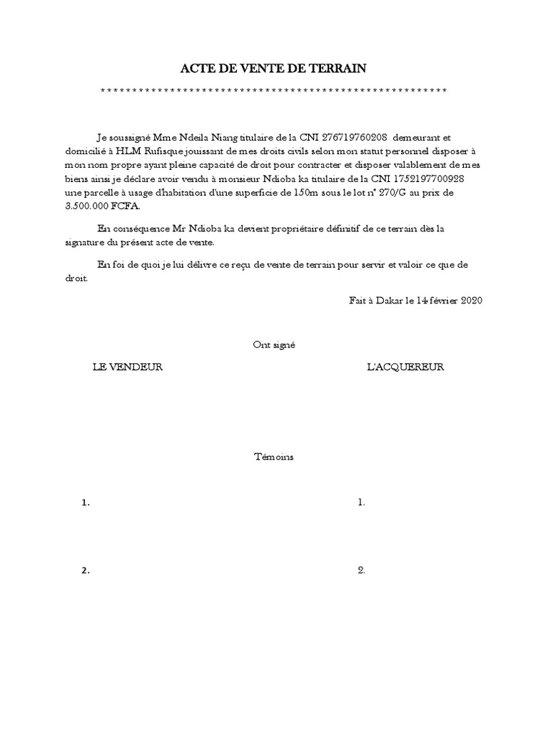 Acte De Vente De Terrain Dakar PDF