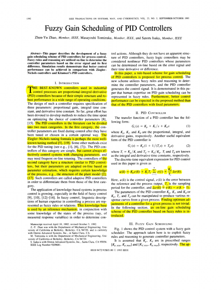 Fuzzy Gain Scheduling of PID Controllers PDF | PDF | Control Theory | Control System