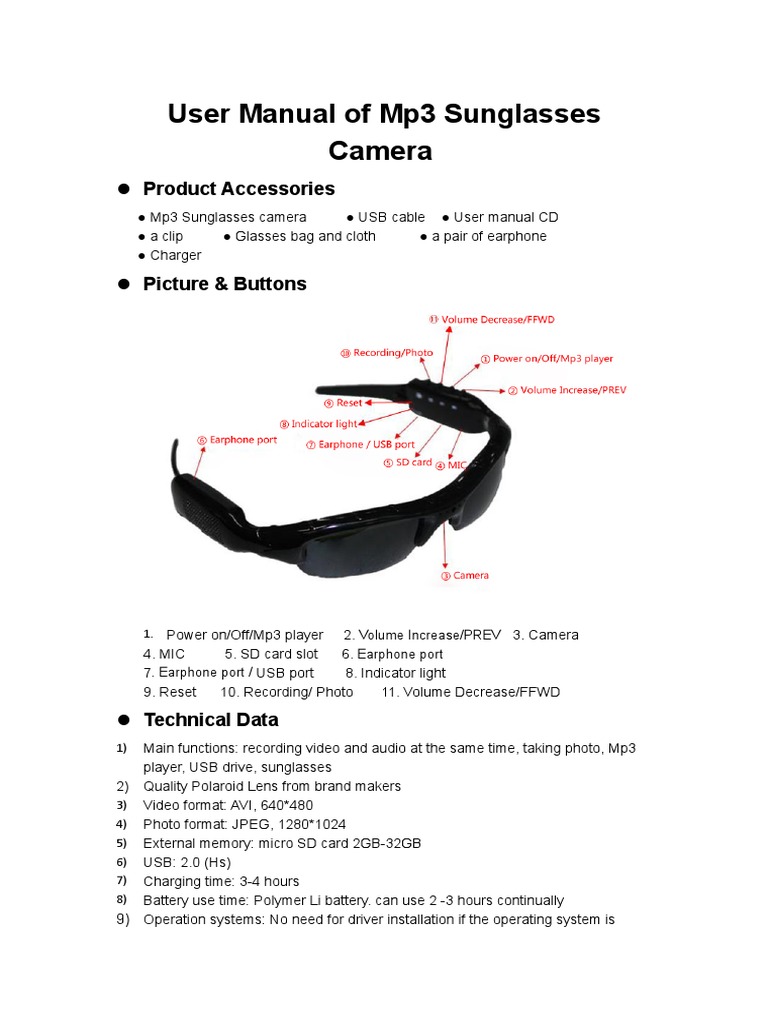 User Manual of Mp3 Sunglasses Camera | PDF | Usb | Camera