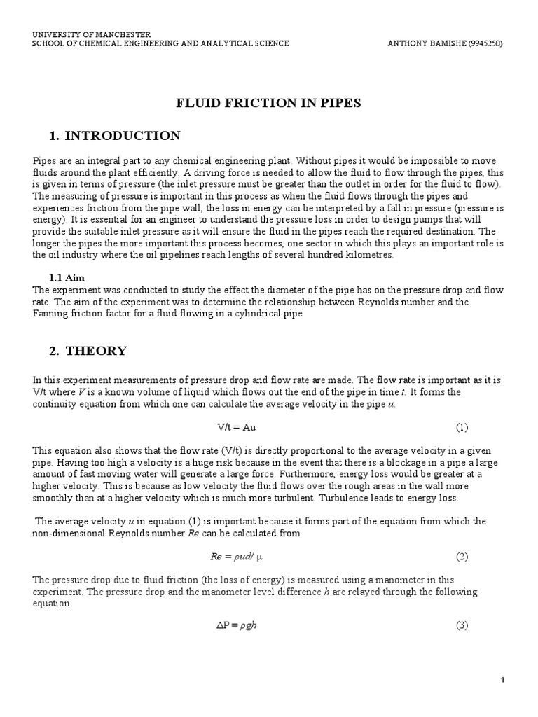 Fluid Friction in Pipes Laboratory Report | PDF | Reynolds Number | Fluid Dynamics