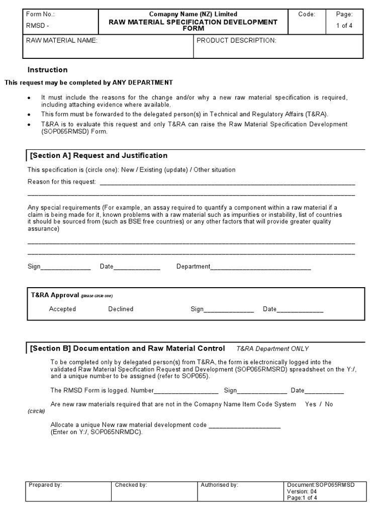 SOP065RMSD - 04 Raw Material Specification Development Form | PDF