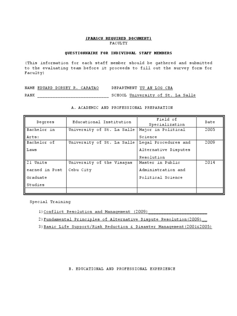 PAASCU Questionnaire For Individual Faculty Members Atty Dorz | PDF