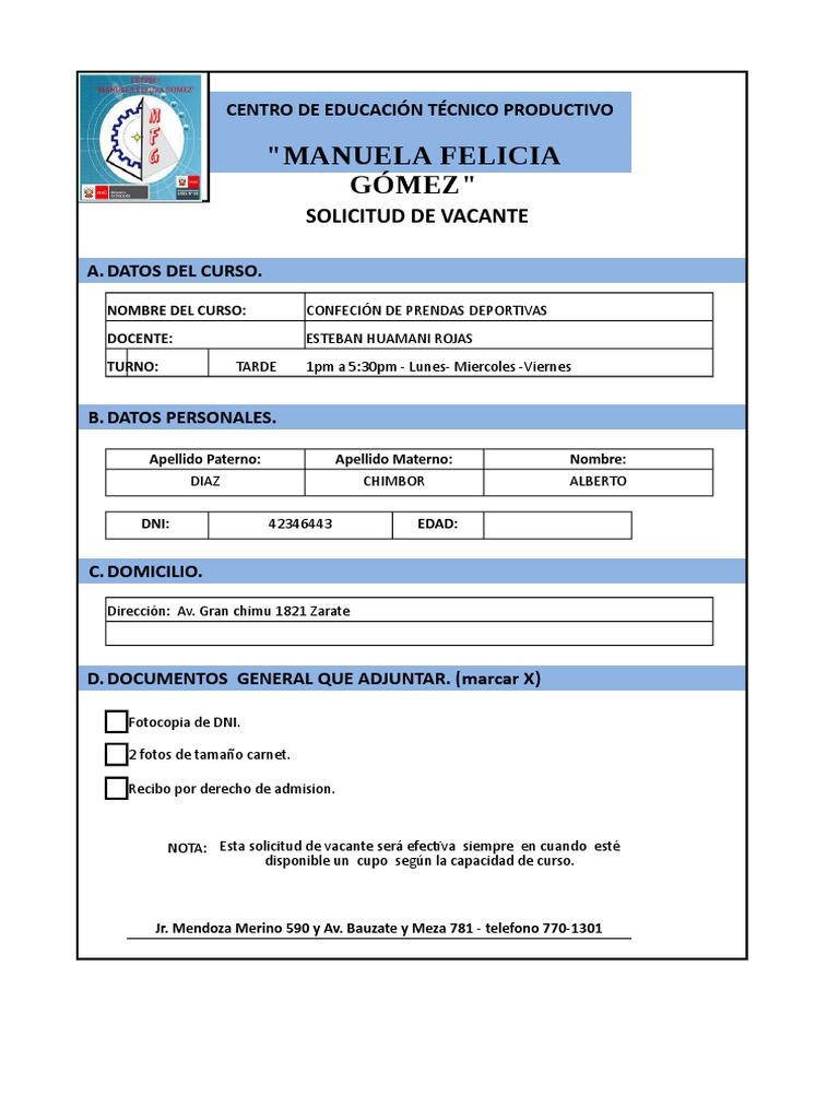 FORMATO DE SOLICITUD Cetpro | PDF