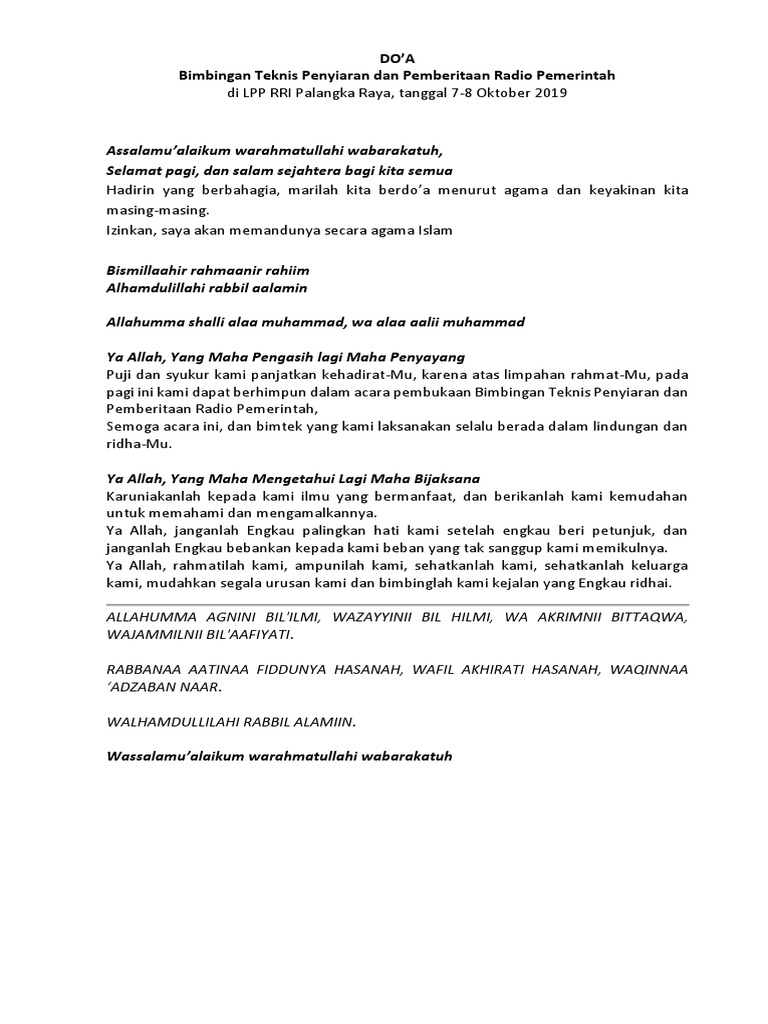 Doa Pembukaan Bimtek RRI | PDF
