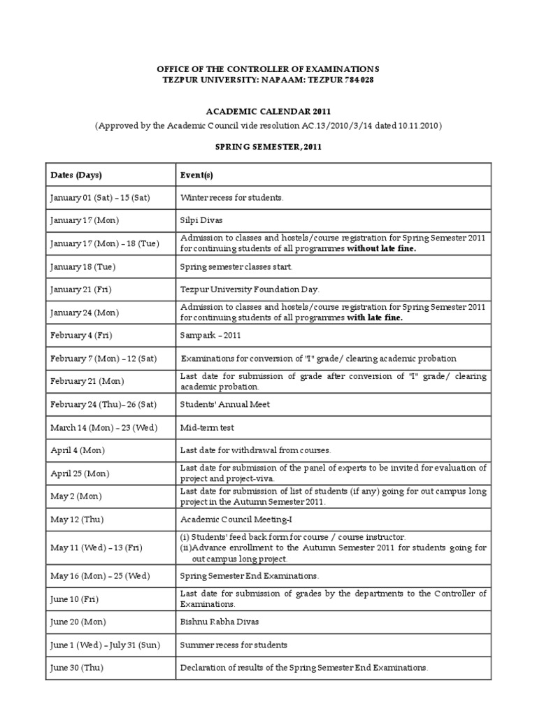 Academic Calendar 2011 | PDF | Academic Term | University And College ...