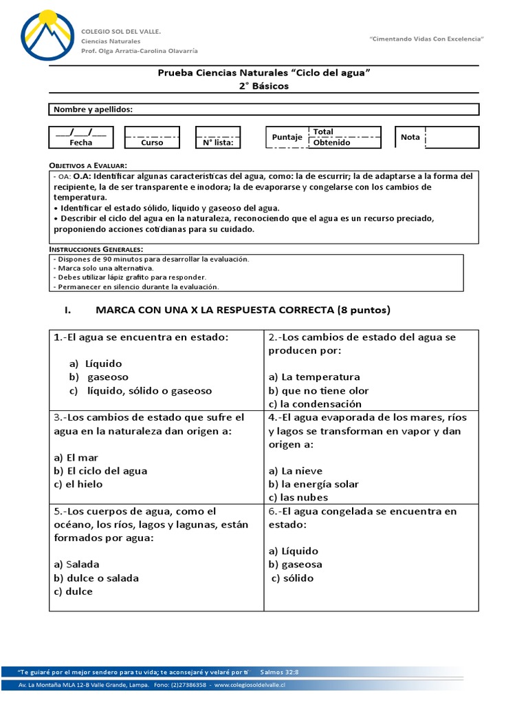Prueba Ciclo Del Agua y Estados Octubre | PDF