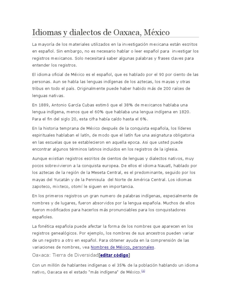 Idiomas y Dialectos de Oaxaca | PDF