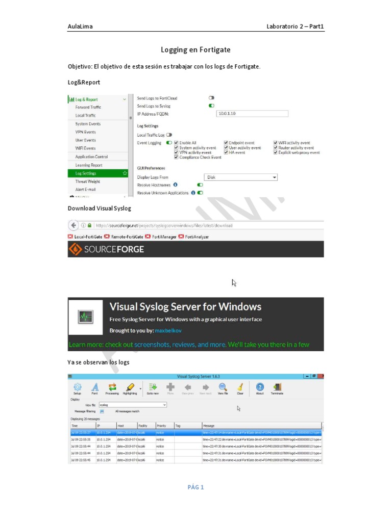 Logging en Fortigate con Visual Syslog | PDF