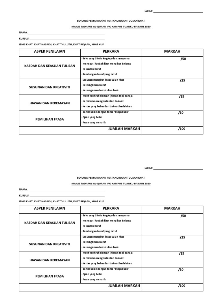 Borang Pemarkahan Pertandingan Tulisan Khat | PDF
