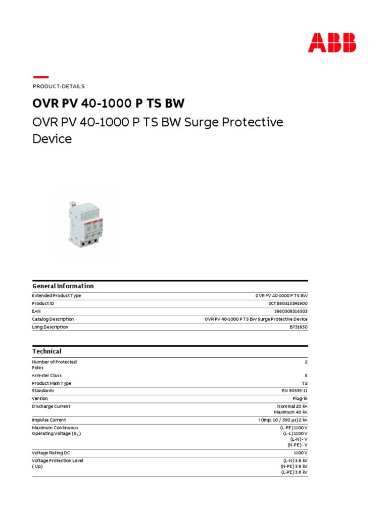 2CTB804153R1900 Ovr PV 40 1000 P Ts BW Surge Protective Device | PDF