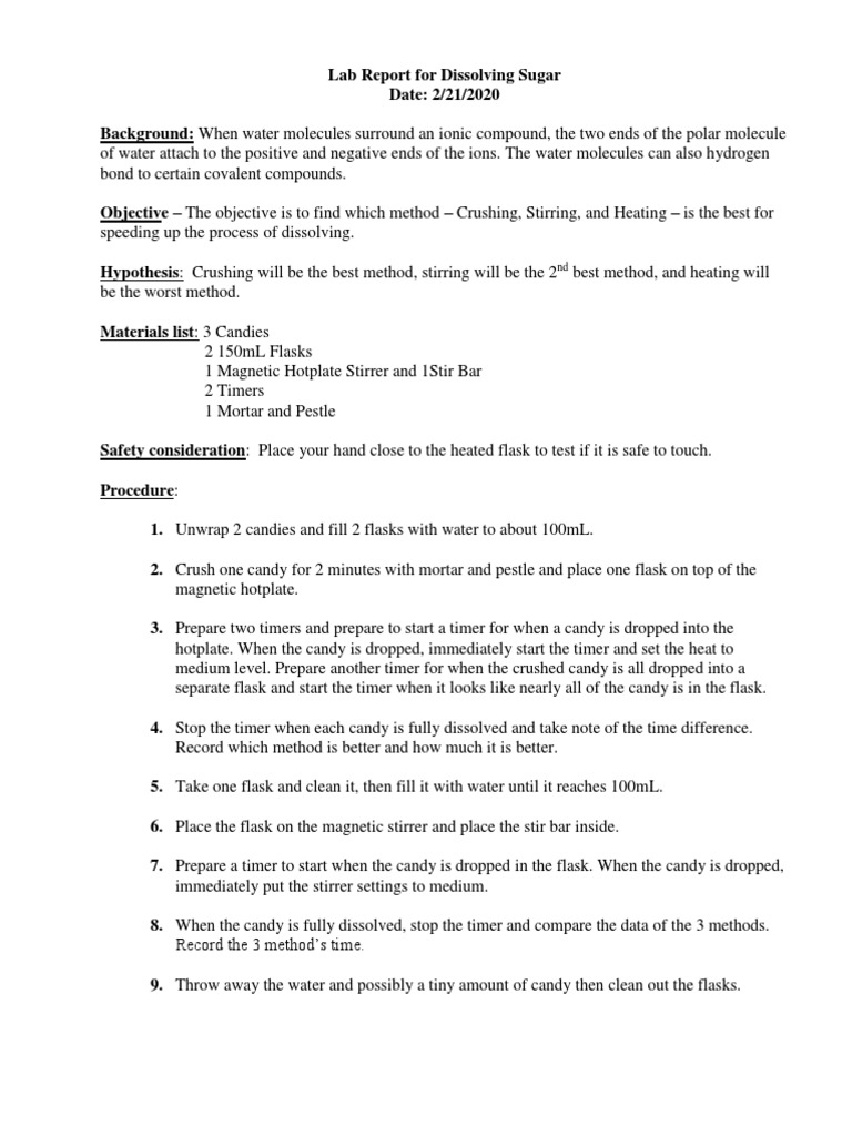 Lab Report For Dissolving Sugar | PDF