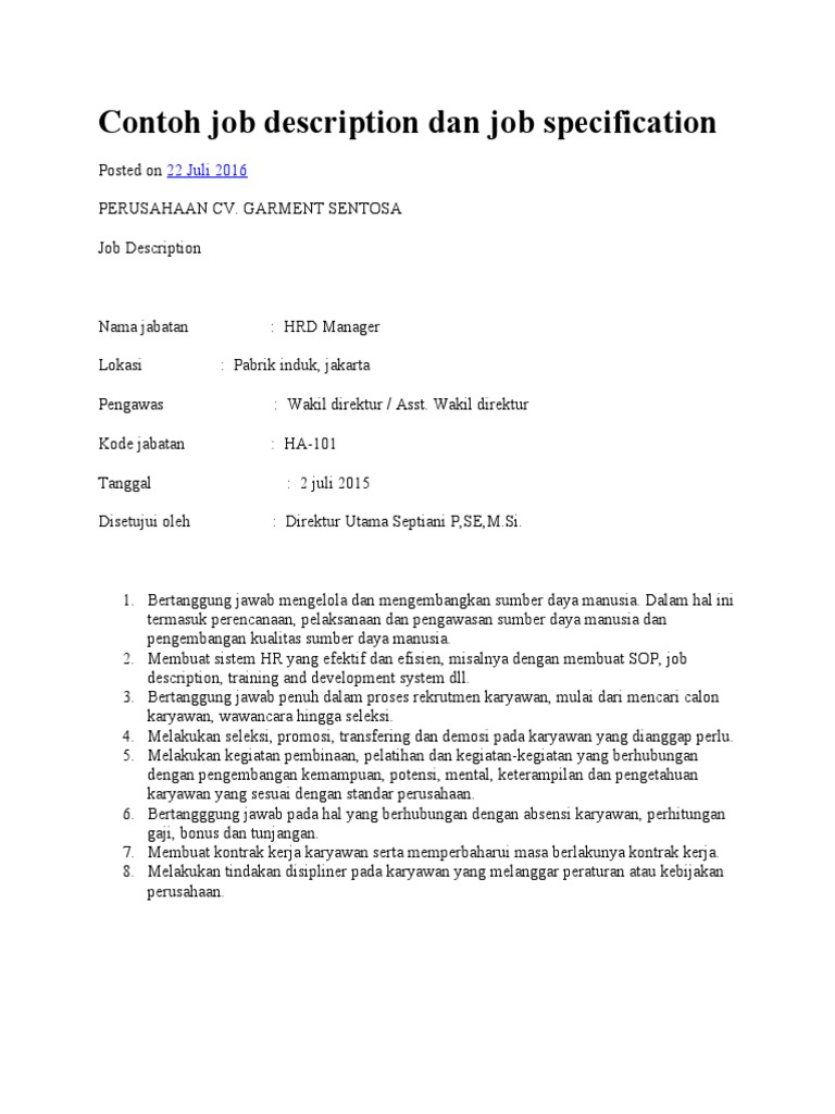 Contoh Job Description Dan Job | PDF