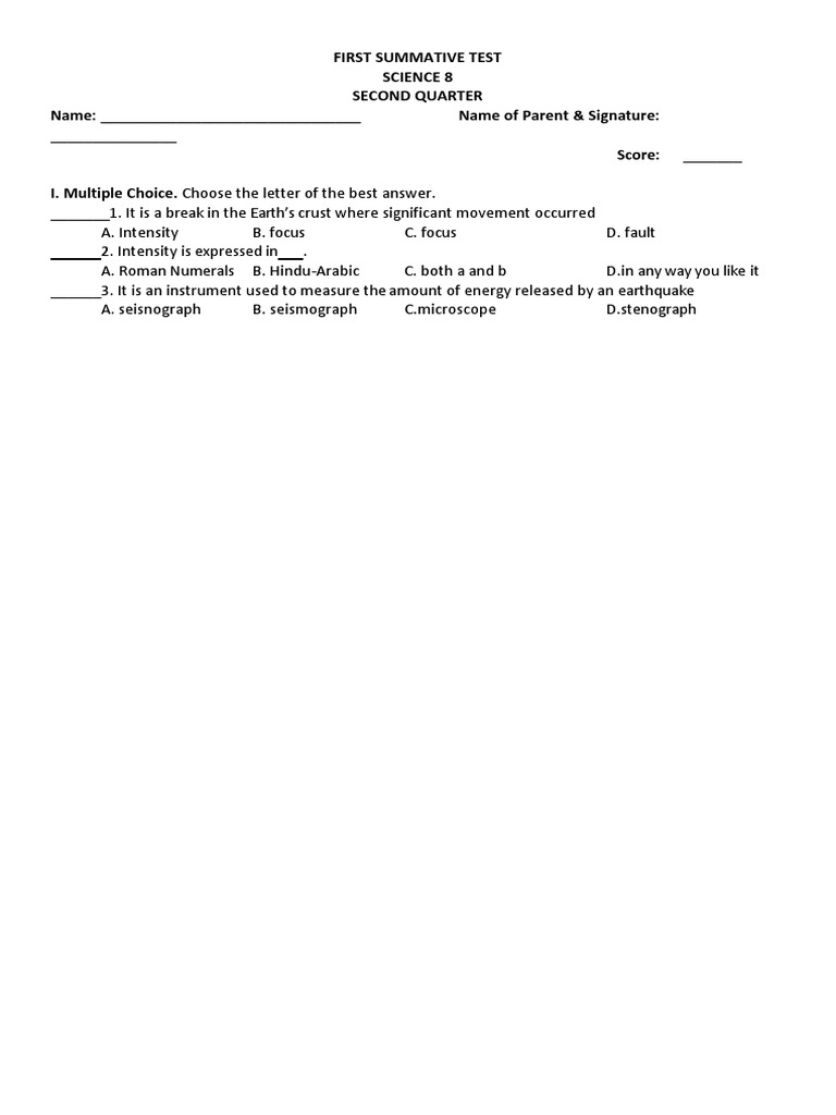 FIRST SUMMATIVE TEST-grade 8 2nd QTR | PDF