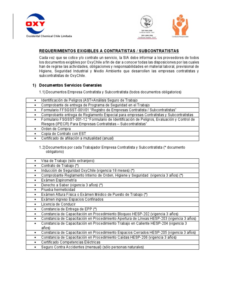 Requisitos para Contratistas OxyChile | PDF | Tecnología