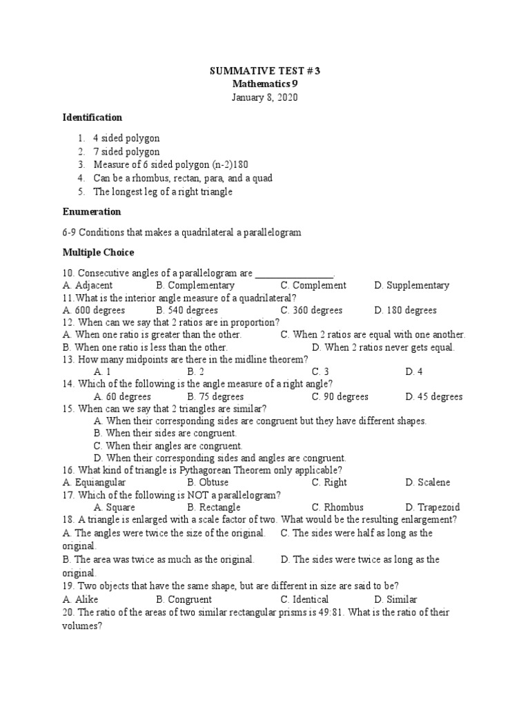 SUMMATIVE TEST # 3 Math 9 | PDF