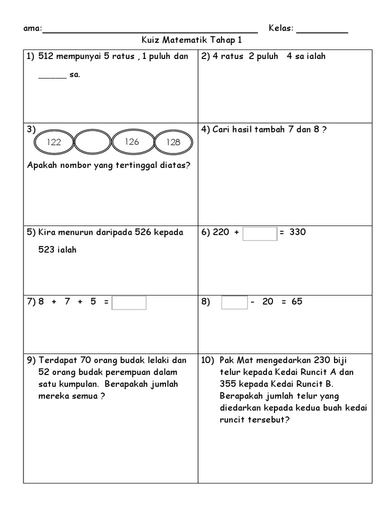 Kuiz Matematik Tahap 1 PDF | PDF