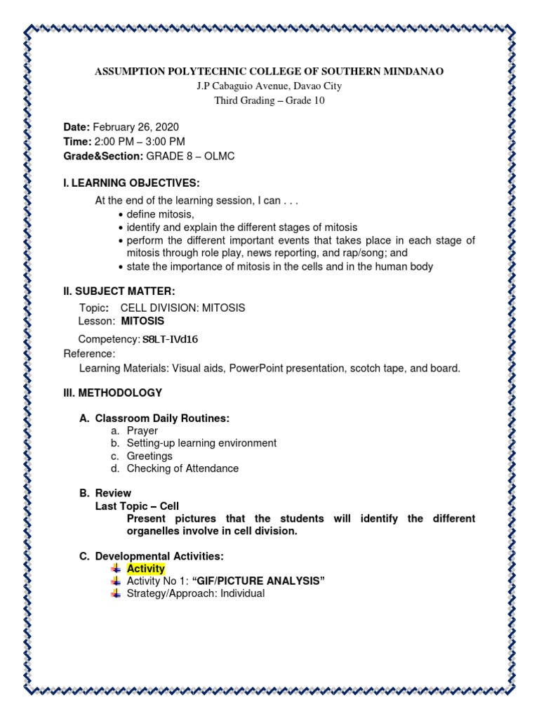Grade 8 Lesson Plan (MITOSIS) | PDF | Science & Mathematics
