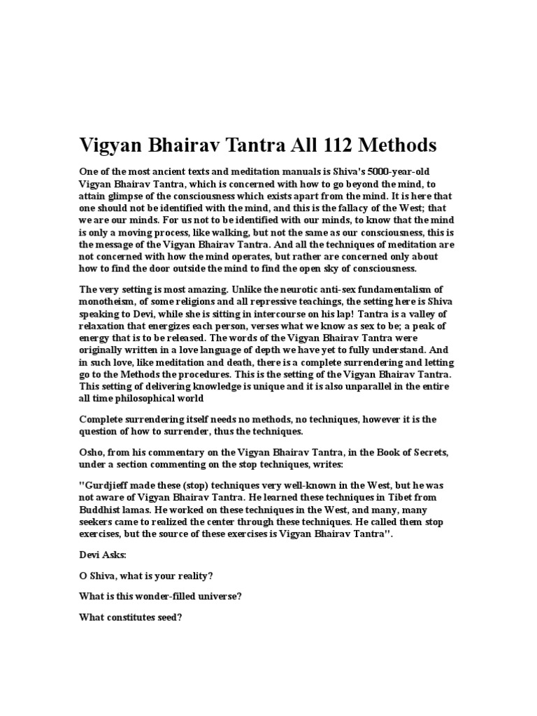 Vigyan Bhairav Tantra - Techniques | PDF | Tantra | Meditation