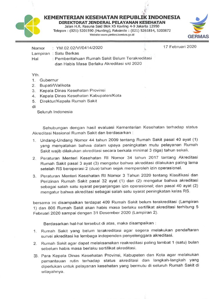 Surat Dirjen Yankes Akre Dan Reakre RS 2020 | PDF