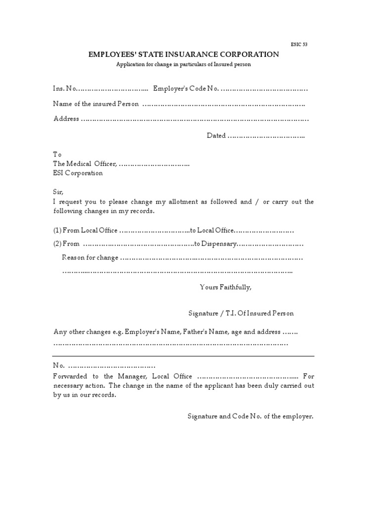 ESIC Form 53: Change of Insured Details | PDF | Business | Law