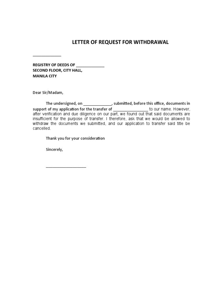 Letter of Request For Withdrawal - Sample | PDF | Law