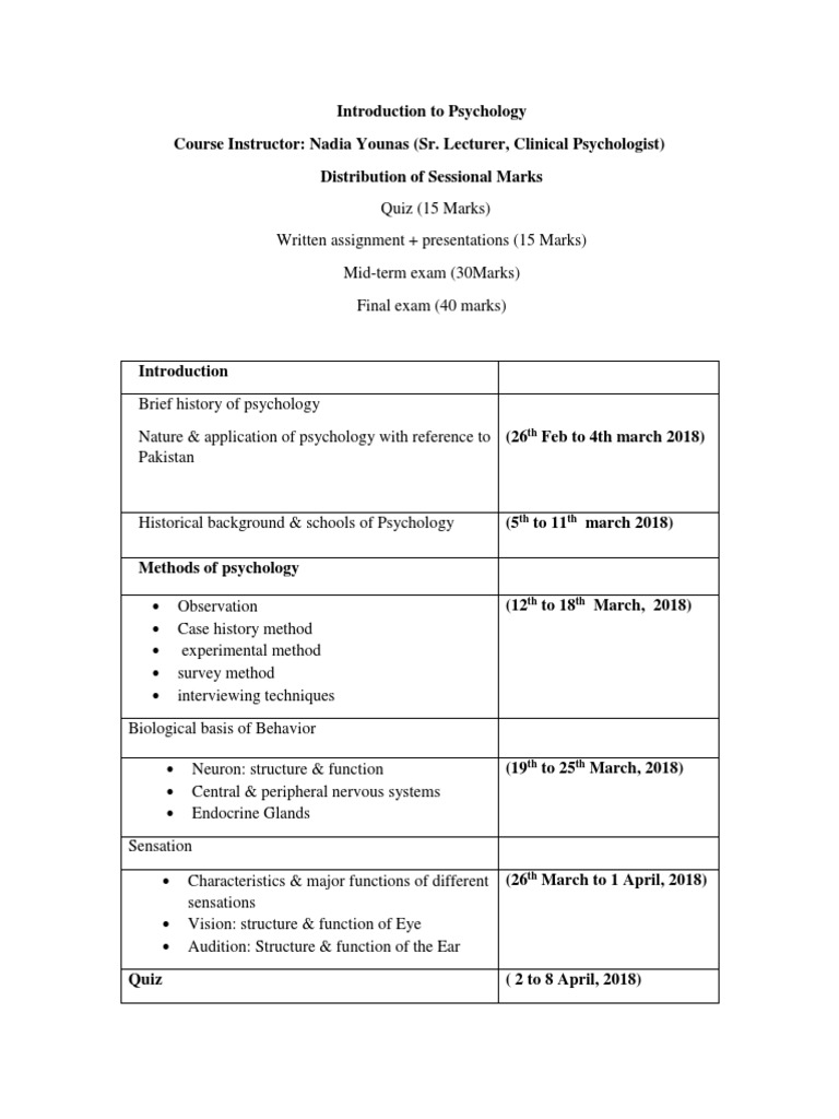 Course Outline Introduction To Psychology | PDF