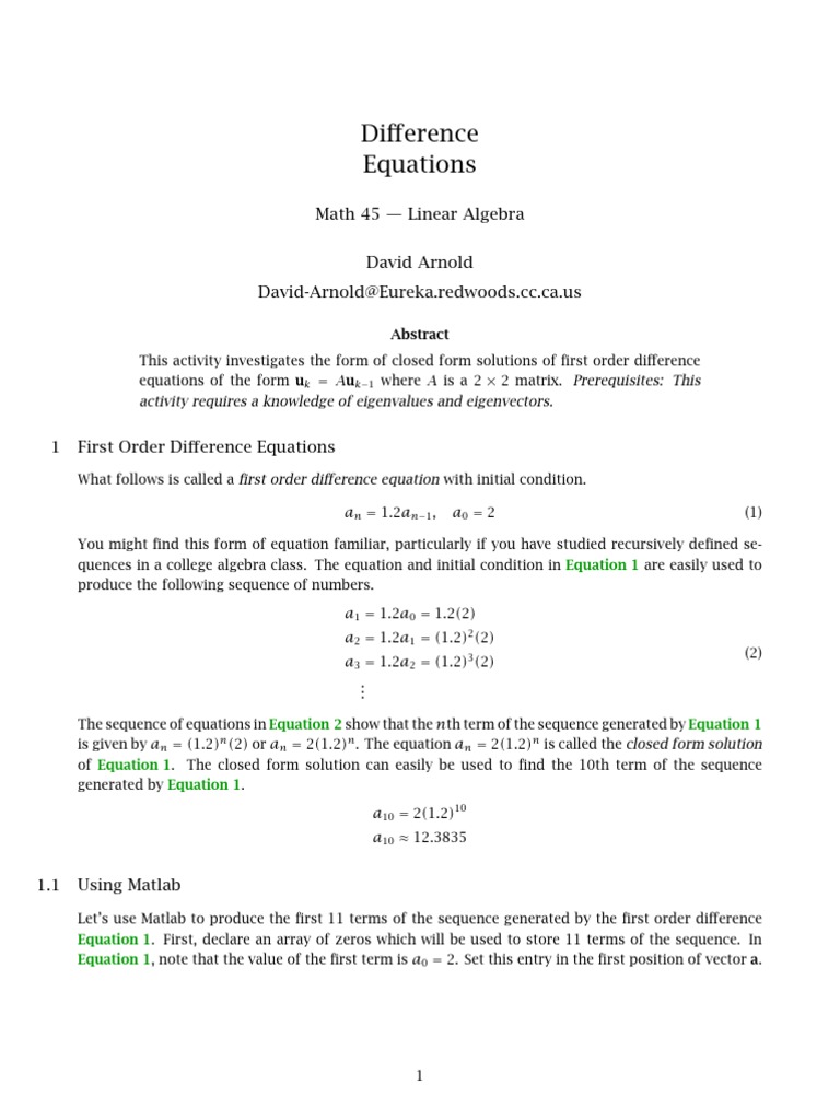 Difference Equations: Math 45 - Linear Algebra | PDF | Recurrence ...